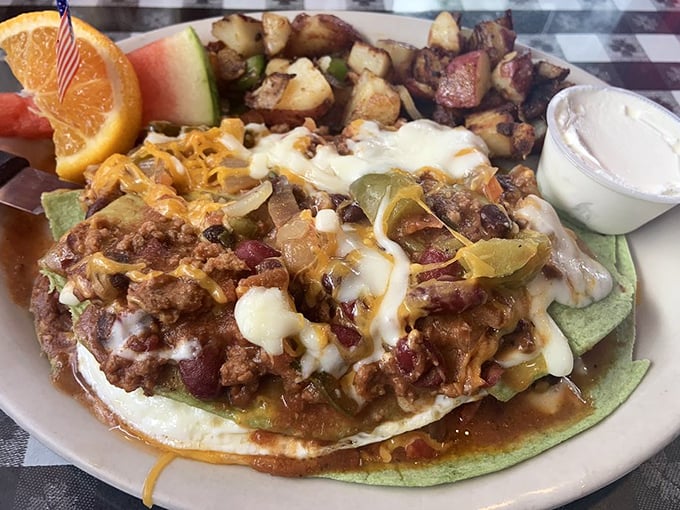 Huevos rancheros that took a delicious detour through Naples. That melted cheese blanket is performing acts of kindness that should be documented.