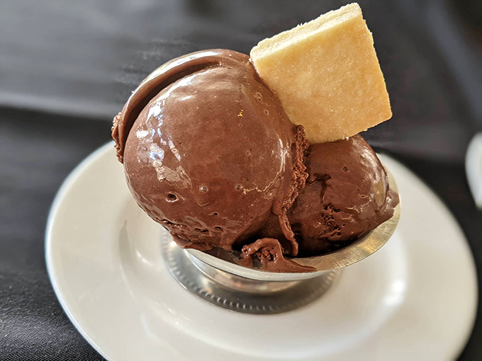 Chocolate gelato so rich it should have its own tax bracket, complete with a shortbread cookie standing at attention.