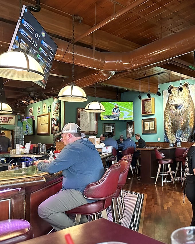 The wooden ceiling beams and mounted bear create that quintessential Alaskan atmosphere where wilderness and comfort coexist in perfect harmony.