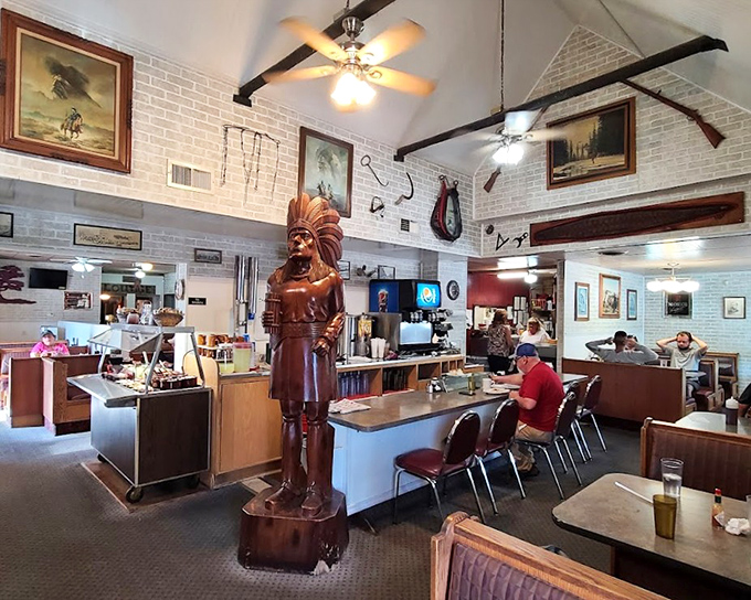 The dining room's wooden cigar-store Indian stands sentinel over decades of family celebrations and first dates.