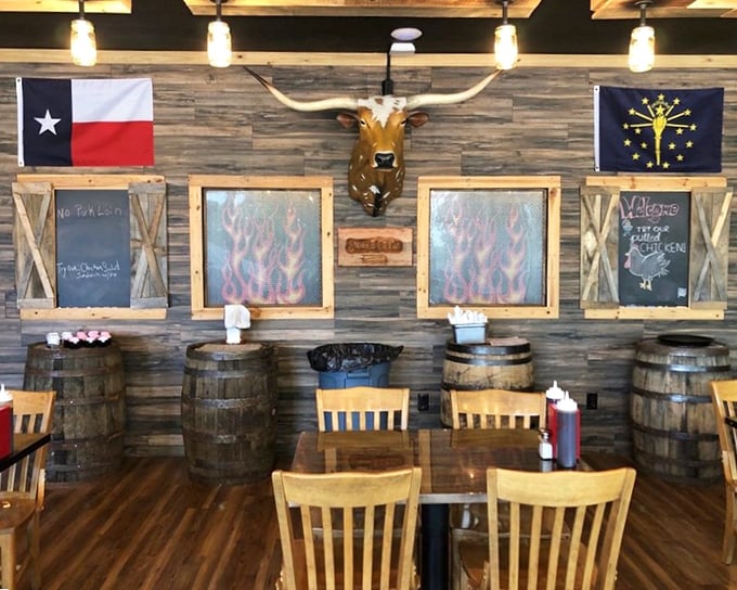 Wooden barrels, longhorn d&eacute;cor, and state flags create an atmosphere that says, "We take our barbecue seriously, but ourselves? Not so much."