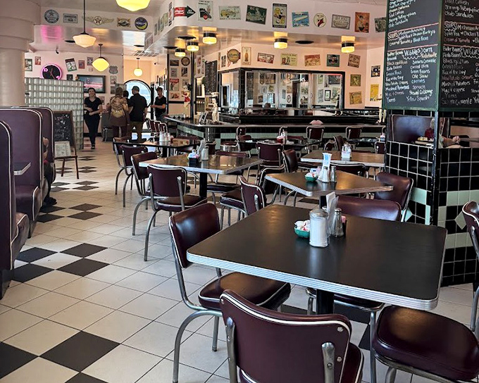 Checkerboard floors and chrome-edged tables transport you straight back to when diners ruled the American landscape.