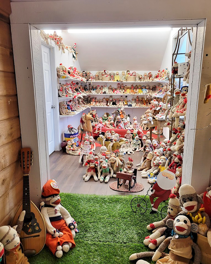 A doorway to sock monkey paradise reveals shelves upon shelves of handcrafted companions. It's like peeking into Santa's workshop for fabric primates.