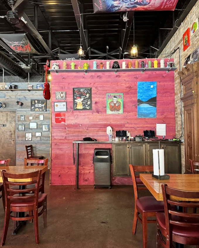 The interior blends rustic charm with pop culture flair. Those red walls and wooden tables have witnessed countless barbecue epiphanies.