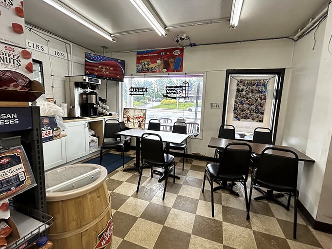 The checkered floor and simple tables create that classic deli atmosphere where nothing matters except the food and conversation.