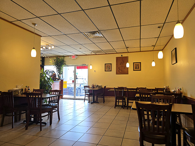 Sunlight streams through windows onto empty tables that won't stay empty long once the lunch crowd discovers what's cooking back there.