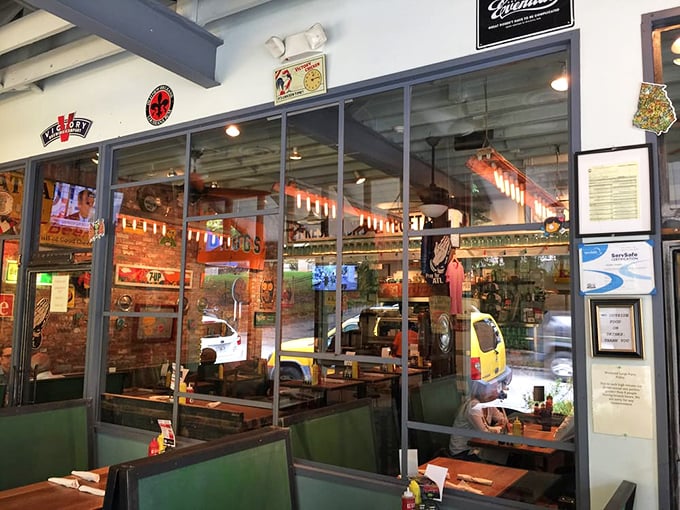 Through these windows, passersby get a tantalizing glimpse of the cozy interior where comfort food dreams come true.