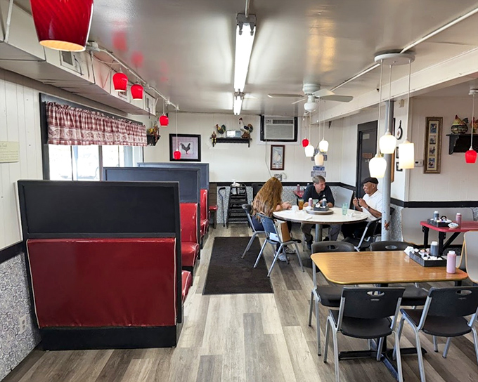 Simple tables, comfortable seating, and red accents create the perfect backdrop for the main attraction&mdash;food that makes you forget to check your phone.