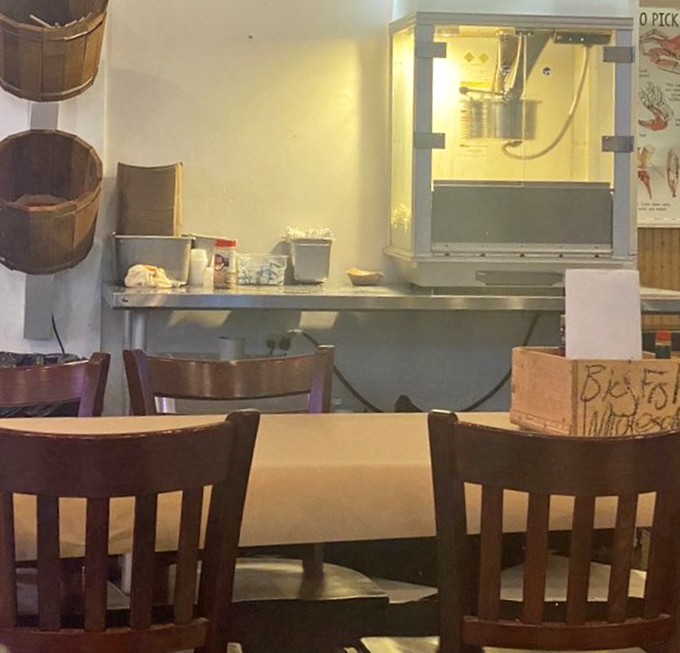 Simple interiors with wooden accents keep the focus where it belongs&mdash;on the spectacular seafood heading to your table.