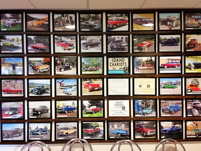 A wall of vintage car photos tells stories of Idaho's past while you contemplate which breakfast classic to order next.