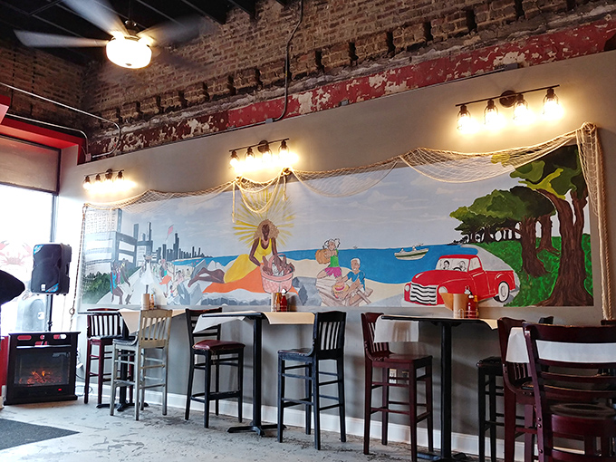 That beach mural brings coastal vibes to Chicago, proving you don't need an ocean for great seafood.