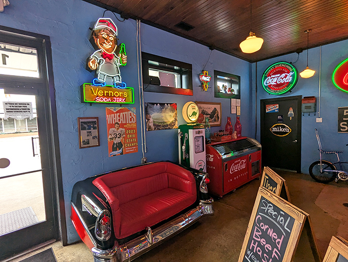 The car-themed couch isn't just seating&mdash;it's front-row tickets to the greatest show on earth: American diner culture in full swing.