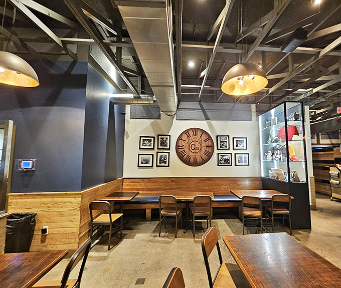 Exposed beams, wood accents, and that large clock remind you that great barbecue respects time above all other ingredients.