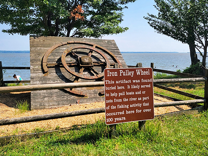 History you can touch. This iron pulley wheel once helped haul in the day's catch, now it hauls in curious history buffs.