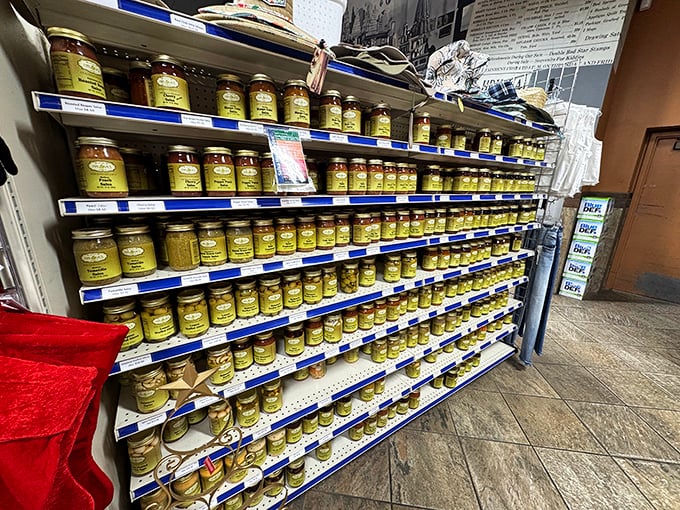A wall of jarred pickles and preserves stands as a testament to Central Texas's preservation prowess &ndash; edible souvenirs that tell delicious stories.