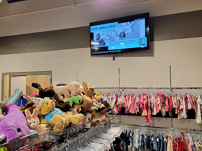 Stuffed animal mountain meets tiny fashion district. The children's section: where $20 can outfit a kid for an entire season.