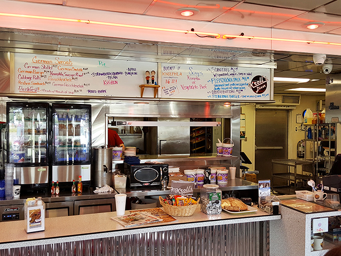A glimpse into the kitchen where German-Russian magic happens daily, with specials scrawled on whiteboards promising fleischkuechle and other unpronounceable delights.