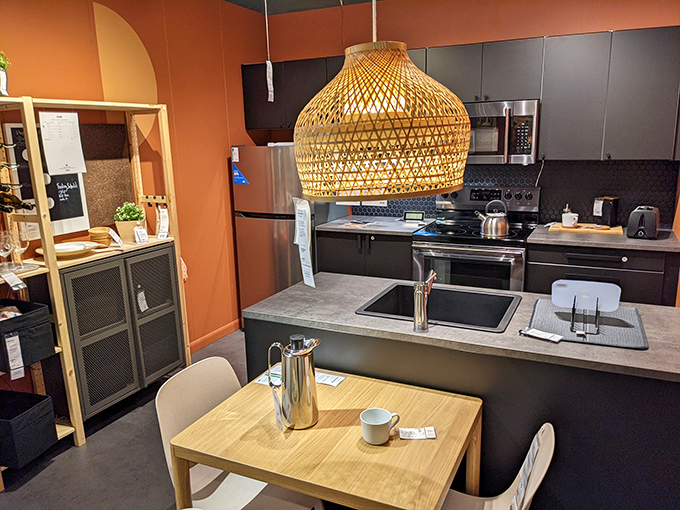 Kitchen displays that make cooking look deceptively simple. That pendant light could transform your sad microwave meals into gourmet experiences, right?