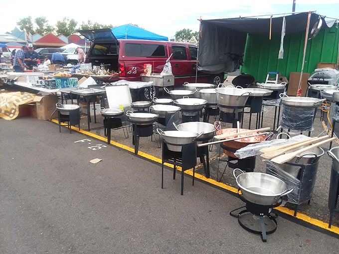 Outdoor cooking arsenal &ndash; enough equipment to fry, boil, and simmer for an entire neighborhood block party.
