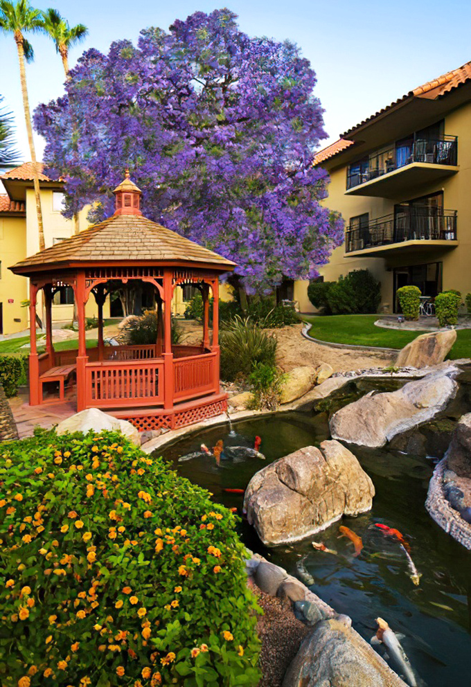 The koi pond and gazebo create a meditation spot that's more effective than yoga, especially when you bring a secret glass of wine.