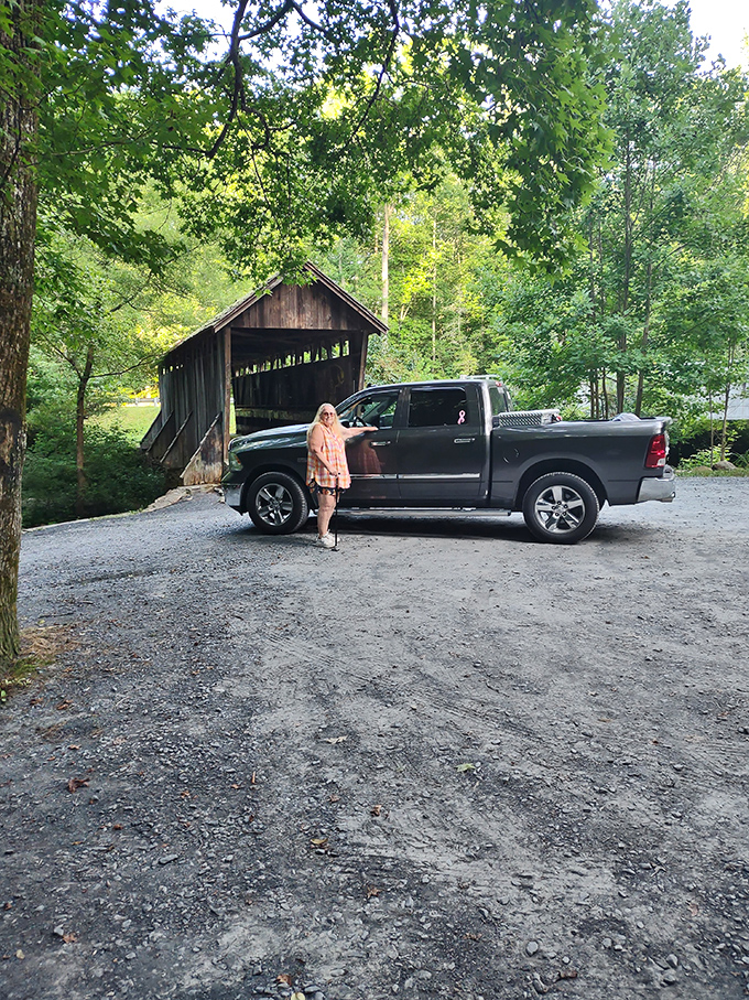 Arriving at Pisgah Bridge feels like discovering a secret. This visitor pauses to appreciate how the structure seems to emerge organically from the surrounding landscape.