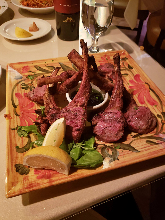 Lamb chops standing proud like the Cleveland skyline, perfectly pink and ready for their close-up.