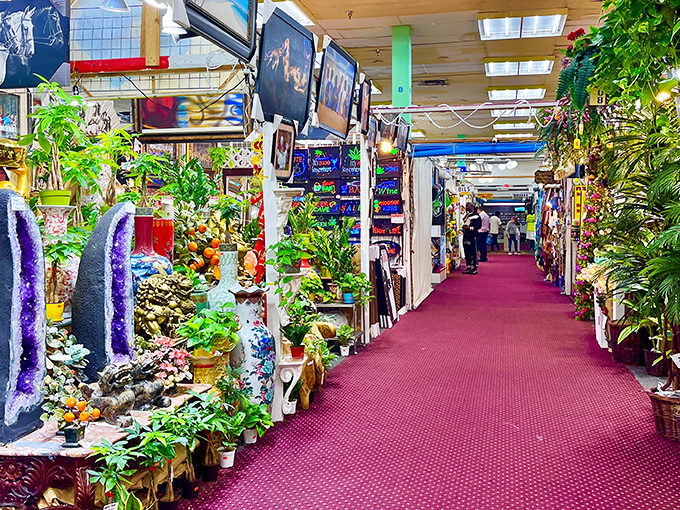 A corridor of artificial foliage and crystal formations&mdash;nature reimagined in a place where real plants would need their own water rights attorney.