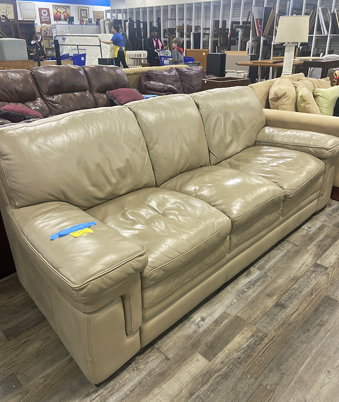 Leather sofas that have stories to tell but miles to go. This cream three-seater offers living room luxury without the showroom sticker shock.