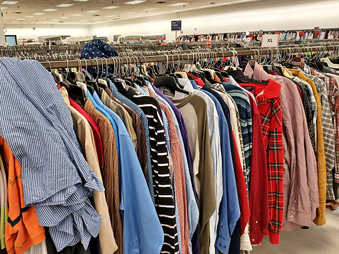 Colorful shirts hang in perfect formation, offering style options that won't require you to skip meals this month afterward.