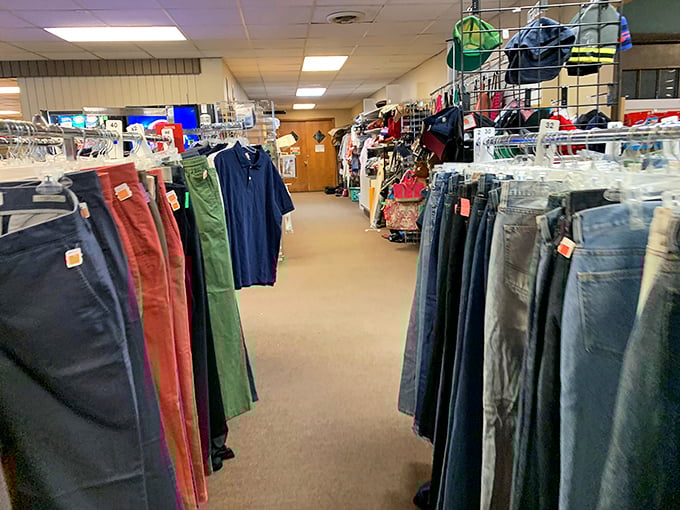 The men's pants aisle: a rainbow of chinos and jeans that have already conquered the dreaded "break-in period." Your comfort has been pre-purchased by someone else.