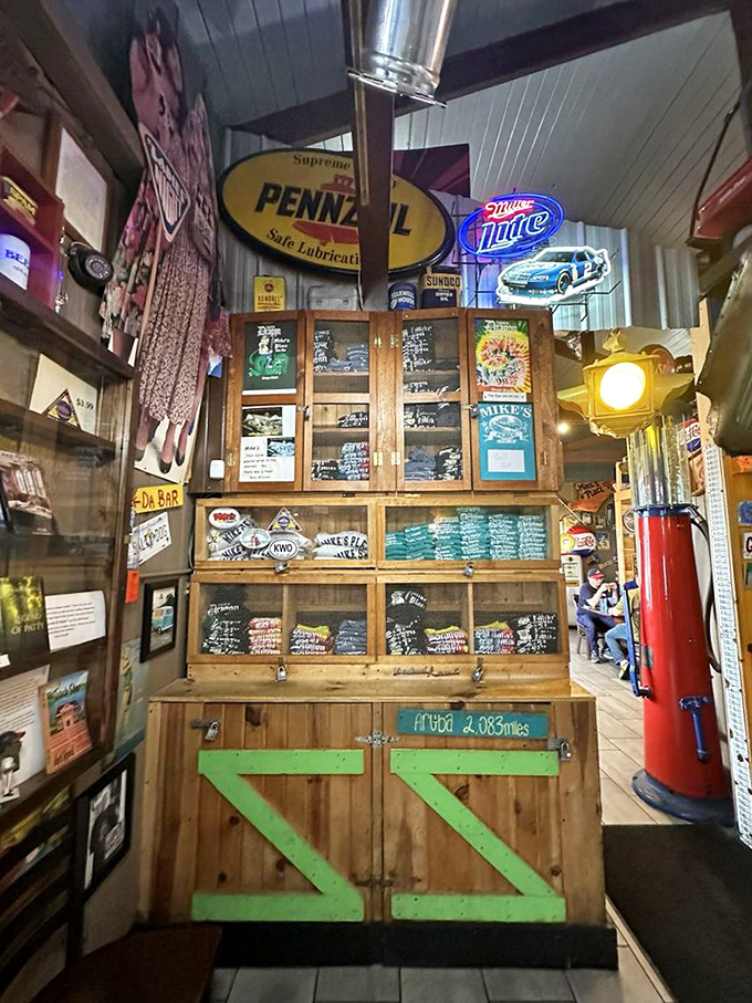 Vintage signs, gas pumps, and enough memorabilia to start a small museum. This isn't decoration &ndash; it's a time machine with snacks.