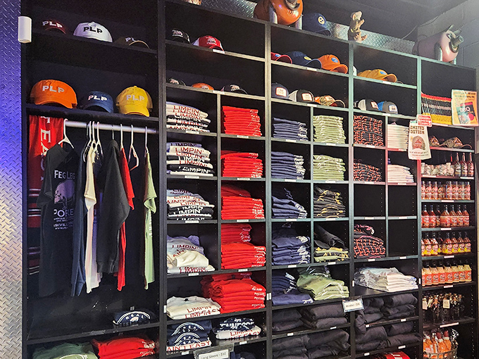 The merch wall lets you take home a souvenir that won't disappear as quickly as your meal did. Though no t-shirt tastes as good.