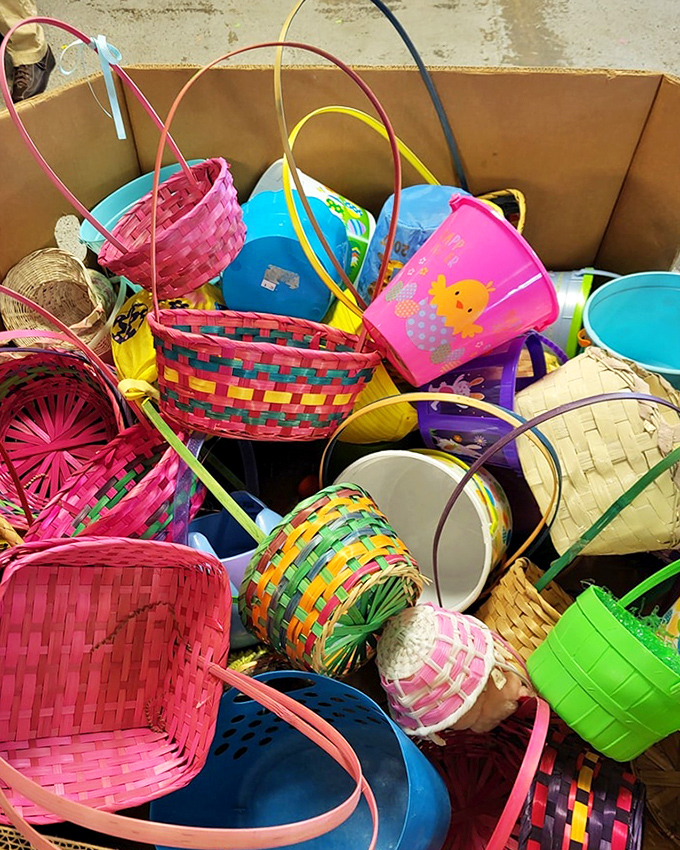 Easter baskets having a year-round convention. This colorful collection proves one shopper's donation is another's seasonal decoration solution.