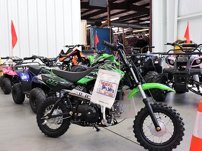 Mini motorcycles and ATVs stand ready to fulfill childhood dreams and parental nightmares in equal measure.