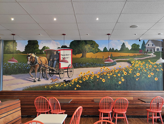 That charming countryside mural featuring Muncher's Bakery wagon adds character and Kansas pride to every breakfast visit here.