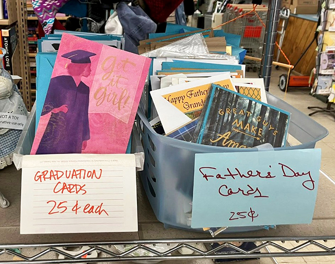 Greeting cards for every occasion at pocket-change prices. Why pay $5 elsewhere when 25&cent; here does the same job with vintage charm?