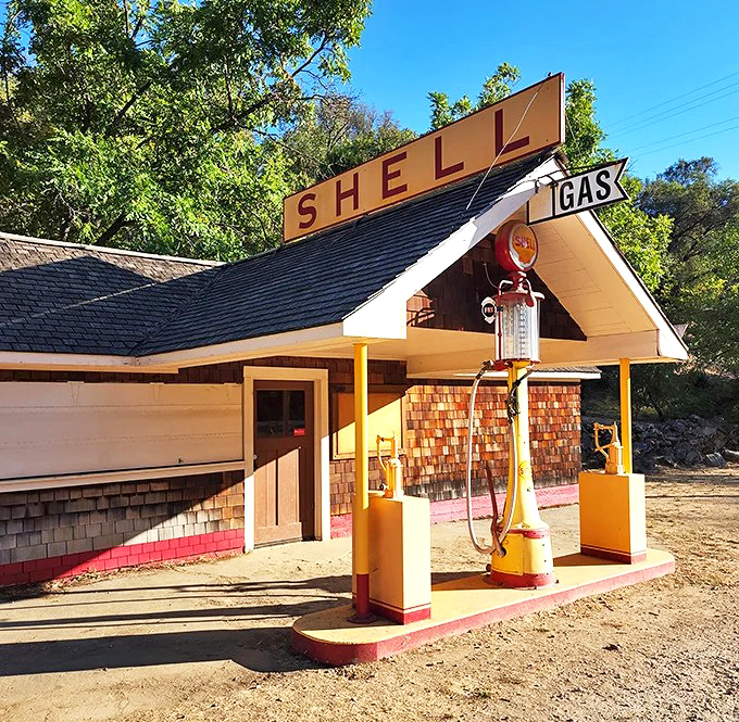 The restored Shell gas station nearby reminds us that even after the Gold Rush, this route remained vital for travelers crossing California's rugged terrain.