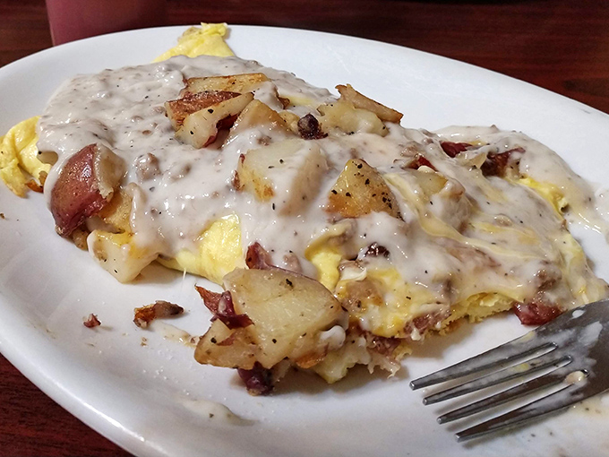 An omelet smothered in sausage gravy &ndash; because sometimes breakfast needs to dress up for the occasion.