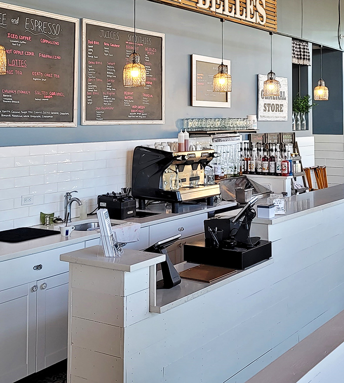 The barista station&mdash;command central for caffeine distribution and morning salvation. Those pendant lights add just the right touch of farmhouse elegance.