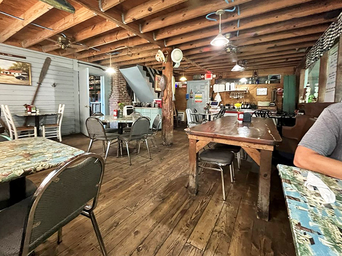 Exposed wooden beams overhead, well-worn floors below&mdash;this dining room has absorbed decades of laughter and seafood satisfaction.