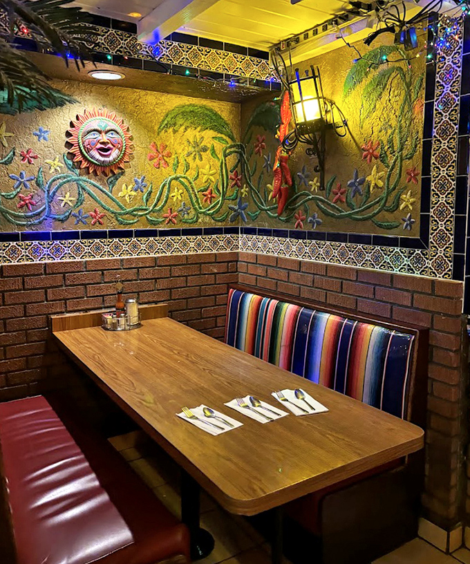 Every booth feels like the best seat in the house. The colorful serape-inspired upholstery and sun-faced wall art create the perfect backdrop for memory-making.