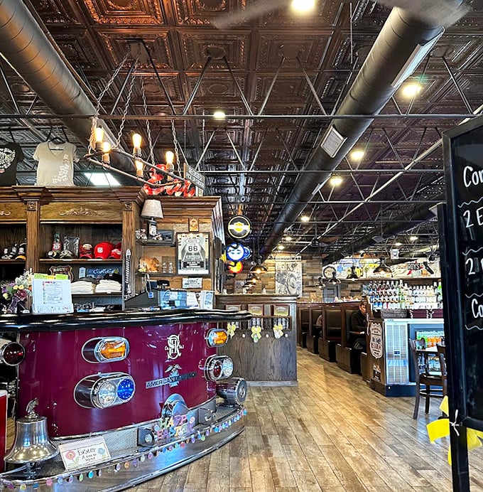 The counter where regulars have claimed their spots for decades. That vintage burgundy and wood paneling isn't retro—it's authentically unchanged.