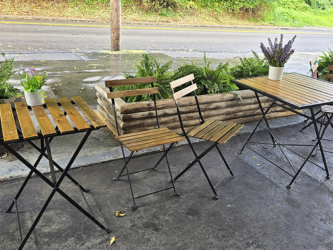 The outdoor seating area offers fresh air and a front-row seat to pierogi paradise. These tables have witnessed countless food epiphanies.