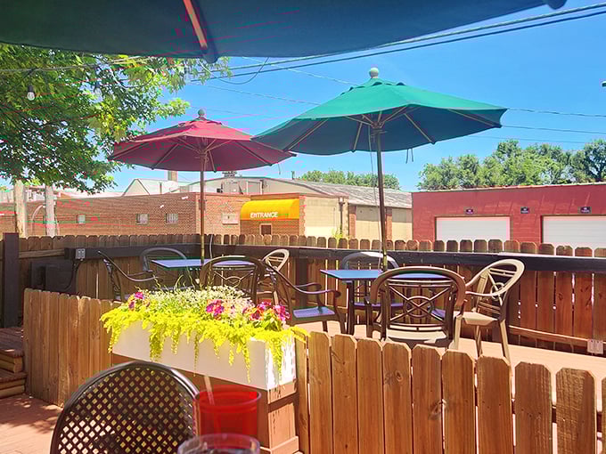 The outdoor patio offers a sunny escape with colorful planters – the perfect spot to enjoy a cold beer on Indiana's too-few perfect weather days.