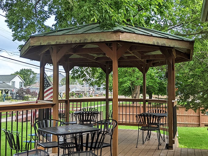 The outdoor gazebo seating area offers a peaceful spot to enjoy your treats while contemplating why you don't visit North Utica more often.
