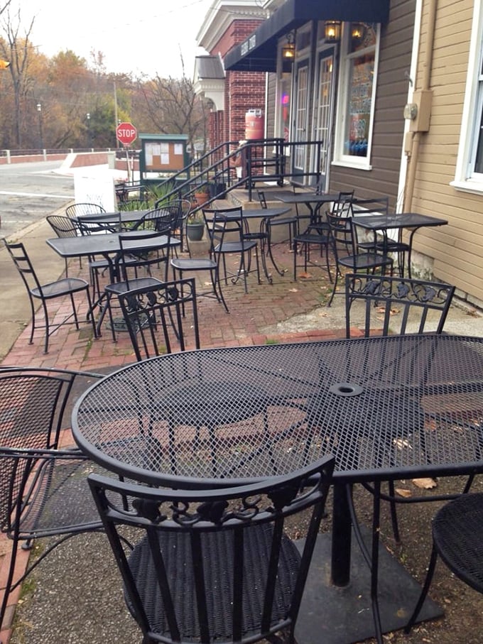Fall foliage provides a seasonal backdrop to the outdoor seating area—perfect for pancake enjoyment when Ohio weather cooperates.