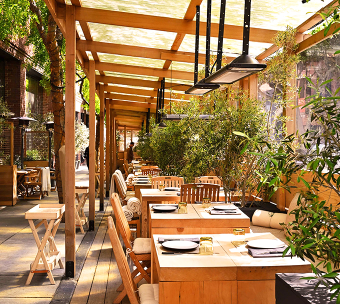 The outdoor patio dappled with golden California light feels like dining in a secret garden that happens to serve incredible Italian food.
