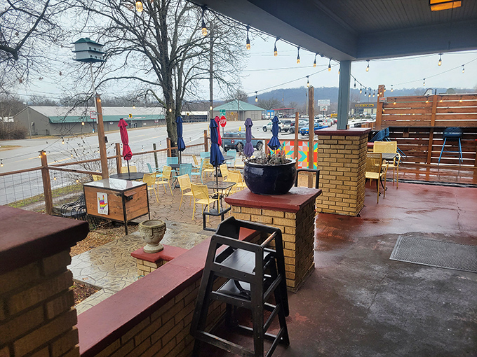 The outdoor patio in winter has a certain poetry to it&mdash;string lights waiting for warmer evenings and colorful chairs promising spring's return.