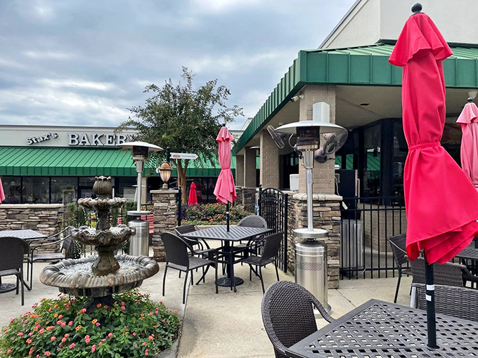 Outdoor seating with a fountain view&mdash;because sometimes pancakes taste better with a side of fresh air and people-watching.