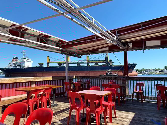 Front-row seats to Portsmouth's working waterfront. Watch massive ships pass by so close you could almost high-five the captain while enjoying your meal.